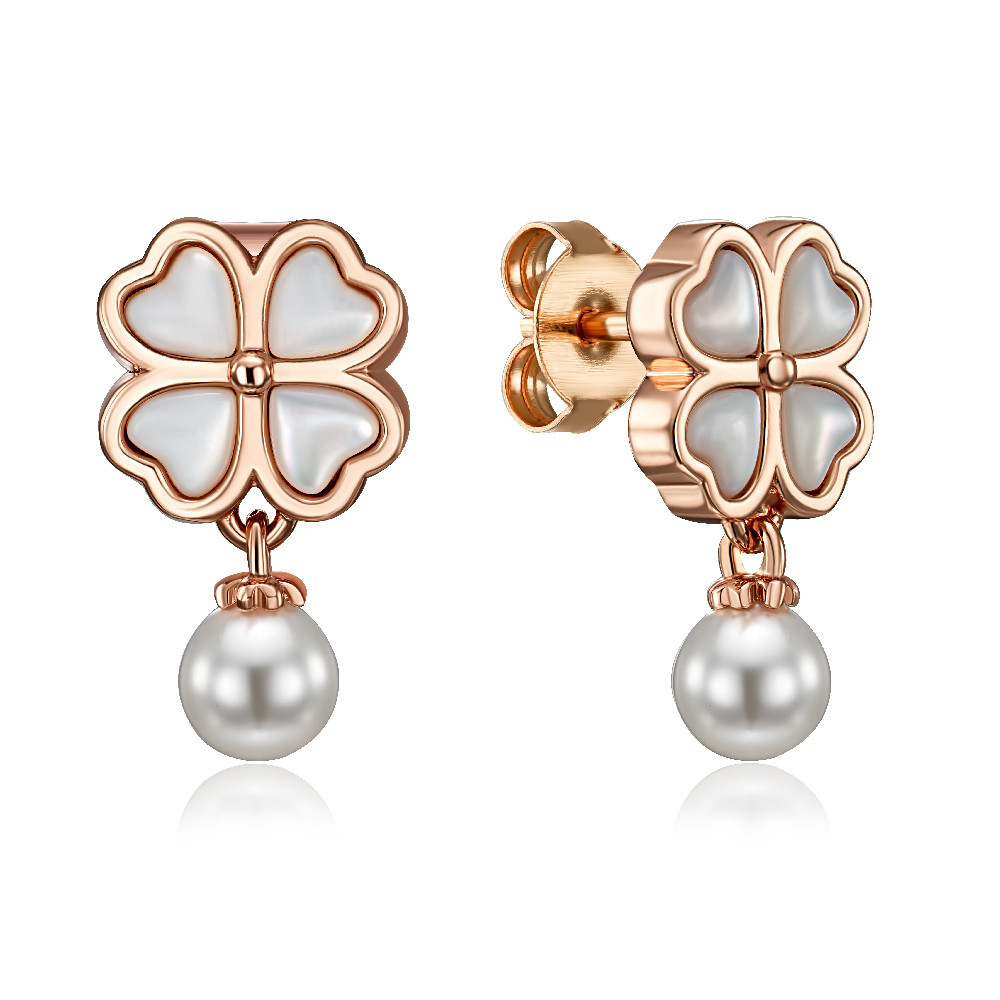 Серебряные позолоченные серьги-пуссеты с перламутром и жемчугом (HJES ...